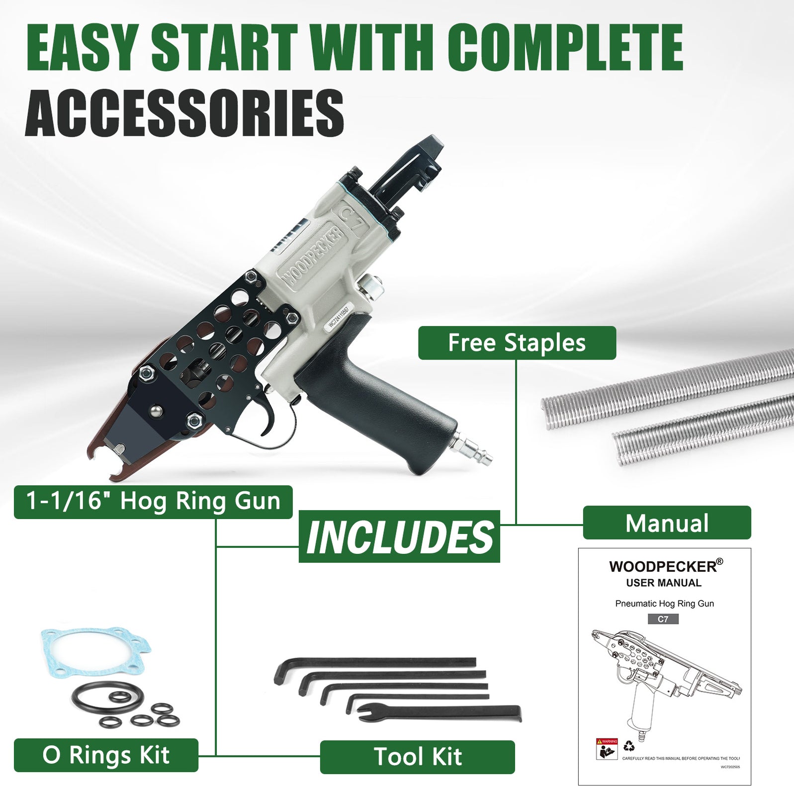 Woodpecker C7 15 Gauge Pneumatic Hog Ring Gun,1-1/16"(27mm) outside Cr ...
