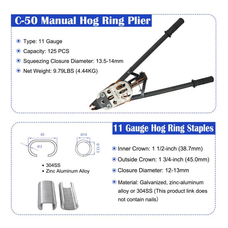 KAMSIN C50 11 Gauge Manual Hog Ring Plier 1-1/2-Inch Crown Hog Ring Pl ...