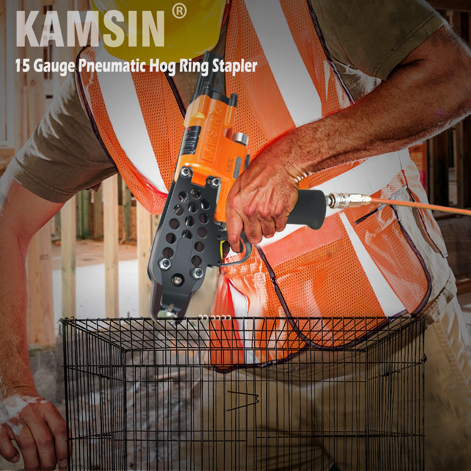 KAMSIN K-SC7C 15 Gauge Pneumatic Hog Ring Gun Kit with 1000 Staples, 3 ...